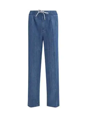 Brunello Cucinelli Lightweight Denim Pants With Double Pleats And Drawstring - Blue