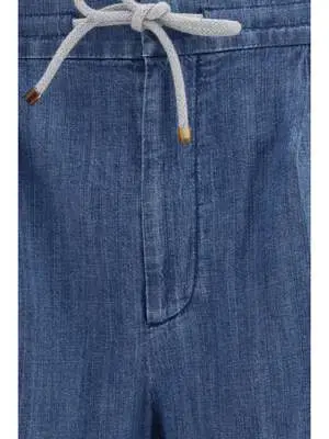Brunello Cucinelli Lightweight Denim Pants With Double Pleats And Drawstring - Blue