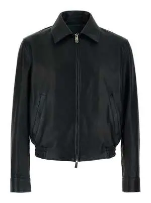 Versace Leather Jacket With High Collar And Zip Closure