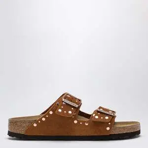 BIRKENSTOCK Arizona Suede Leather Slides With Stud Embellishments - Brown