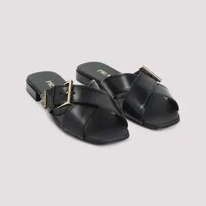 Prada Calf Leather Sandals With Gold-tone Buckle - Black