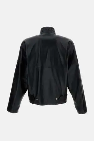 Bottega Veneta Black Leather Jacket With Braided Collar - Multicolor