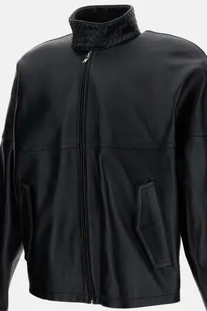 Bottega Veneta Black Leather Jacket With Braided Collar - Multicolor