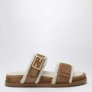 Fendi Bronze Suede And Shearling Slide Sandals With Ff Motif - Brown