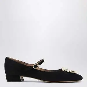 FERRAGAMO Gancini Heeled Ballerina In Suede - Black