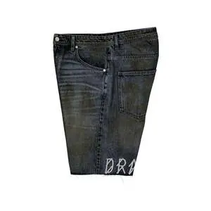 44 LABEL GROUP Denim Shorts With Frayed Hem And Lettering