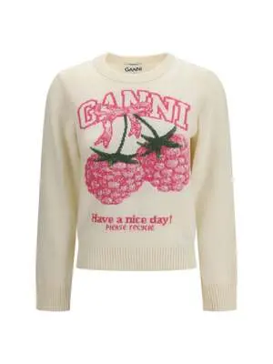GANNI Crewneck Sweatshirt With Raspberry Print And Rhinestone Embellishments