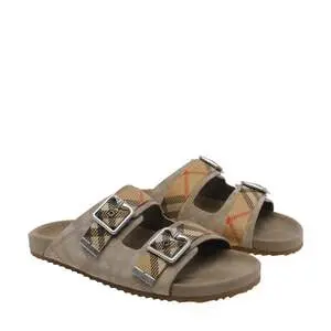 Burberry Suede Sandals With Tartan Check And Buckle Closure - Cream