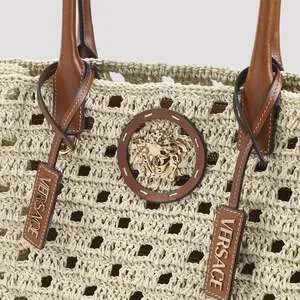 Versace Raffia Large Tote Bag With Leather Handles And Gold-tone Medusa Detail - Multicolor