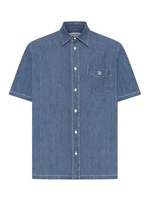 Celine Short-sleeved Denim Bowling Shirt With Logo - Multicolor