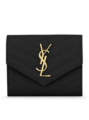 Saint Laurent Cassandre Matelassé Compact Tri-fold Wallet In Grain De Poudre Embossed Leather - Black