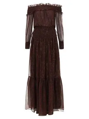 SELF-PORTRAIT Off-the-shoulder Ruffled Maxi Dress With Metallic Accents - Brown