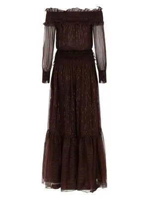 SELF-PORTRAIT Off-the-shoulder Ruffled Maxi Dress With Metallic Accents - Brown