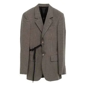 Balenciaga Check Print Blazer With Tie Detail - Cream