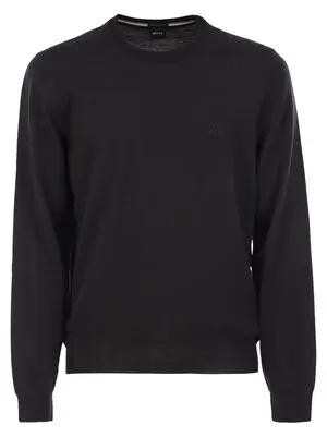 BOSS Virgin Wool Jumper With Embroidered Logo - Black