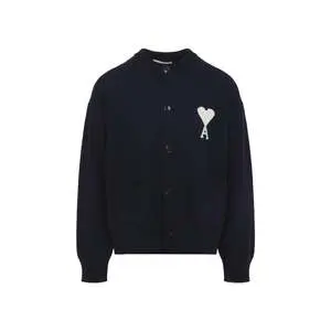 AMI Paris Wool And Cotton Cardigan With Logo Inlay - Blue