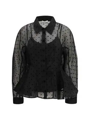GANNI Polka Dot Sheer Organza Peplum Shirt - Black