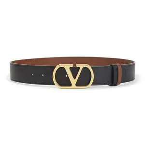 Valentino Garavani Reversible Calf Leather Belt With Gold-tone V-buckle - Black