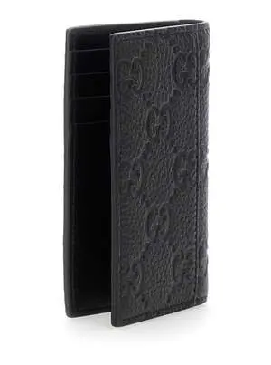 Gucci Black Gg Vertical Bi-fold Wallet In Hammered Leather
