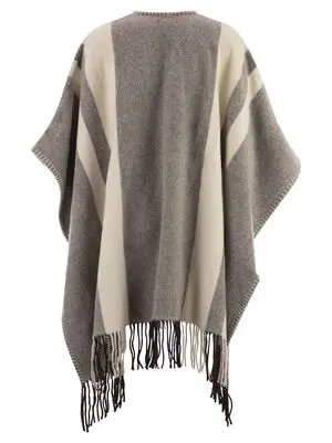 FAY Two-tone Wool Poncho With Hook Closure And Fringe