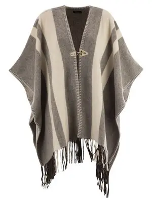 FAY Two-tone Wool Poncho With Hook Closure And Fringe - Multicolor