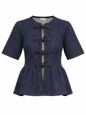 GANNI Peplum Blouse With Bow Detail - Blue