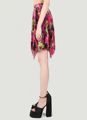 Versace Pleated Floral Logo Asymmetrical Mini Skirt