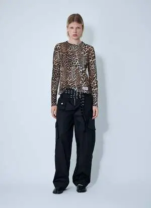 GANNI Leopard Print Mesh Long Sleeve Top