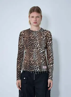 GANNI Leopard Print Mesh Long Sleeve Top