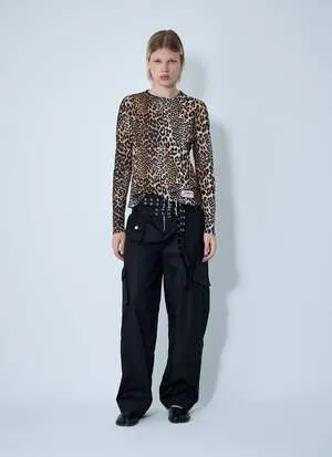 GANNI Leopard Print Mesh Long Sleeve Top