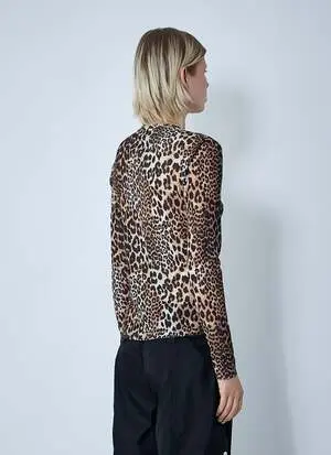 GANNI Leopard Print Mesh Long Sleeve Top