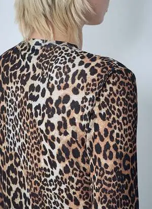 GANNI Leopard Print Mesh Long Sleeve Top