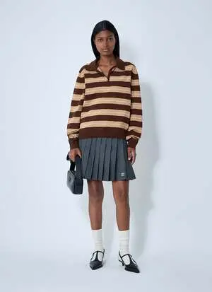 Miu Miu Cotton Striped Long Sleeve Polo Shirt - Brown