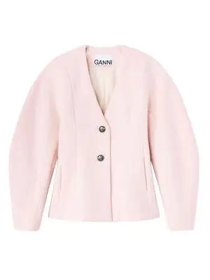 GANNI V-neck Wool Blend Blazer - Pink