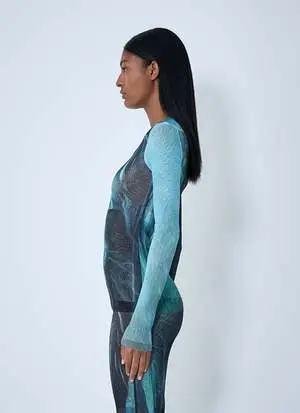 JEAN PAUL GAULTIER Water Print Mesh Long Sleeve Top - Blue