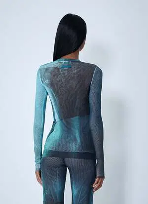 JEAN PAUL GAULTIER Water Print Mesh Long Sleeve Top - Blue