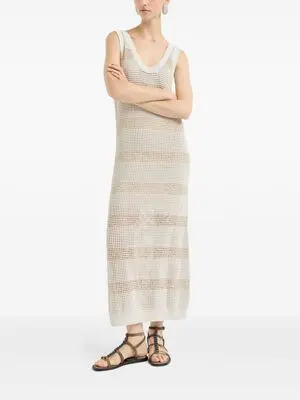Brunello Cucinelli Sleeveless Scoop Neck Striped Cotton Dress