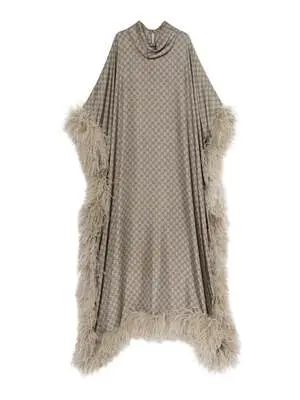 Gucci Long Printed Silk Twill Dress With Feather Trim