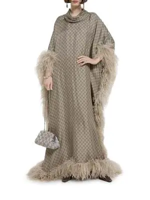 Gucci Long Printed Silk Twill Dress With Feather Trim