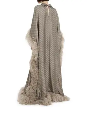 Gucci Long Printed Silk Twill Dress With Feather Trim