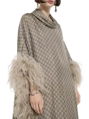 Gucci Long Printed Silk Twill Dress With Feather Trim
