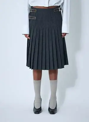 Prada Pleated Wool Skirt With Leather Belt