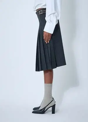 Prada Pleated Wool Skirt With Leather Belt