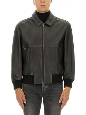 BOSS Leather Bomber Jacket - Brown