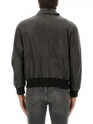 BOSS Leather Bomber Jacket - Brown