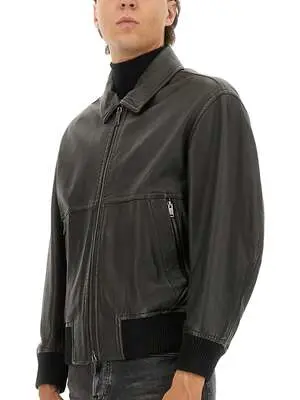 BOSS Leather Bomber Jacket - Brown