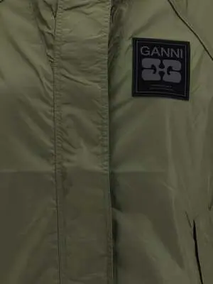 GANNI Waterproof Hooded Jacket With Logo Patch - Green