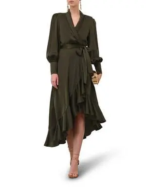 zimmermann asymmetric ruffled silk-satin midi wrap dress ZIMMERMANN Asymmetric ruffled silk-satin midi wrap dress