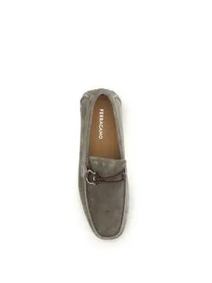 FERRAGAMO Suede Loafers With Gancini Plaque - Gray