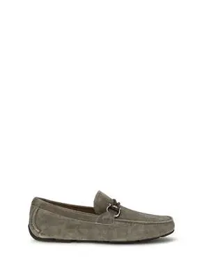 FERRAGAMO Suede Loafers With Gancini Plaque - Gray